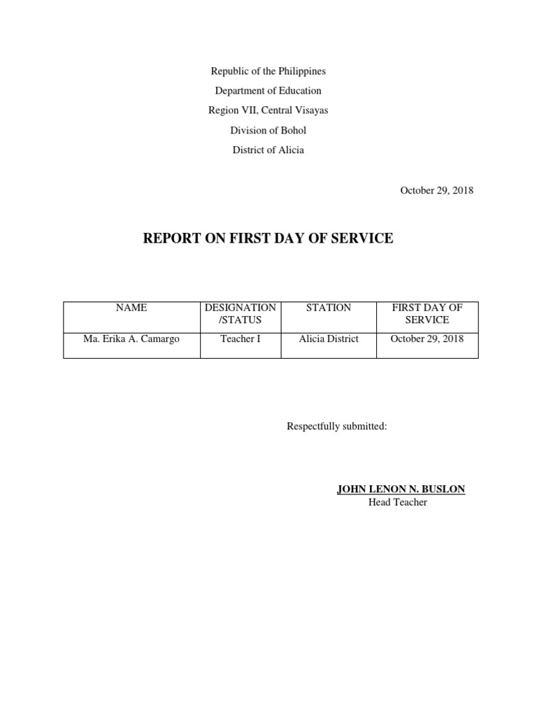 First Day of Service Report: Ma. Erika A. Camargo | PDF