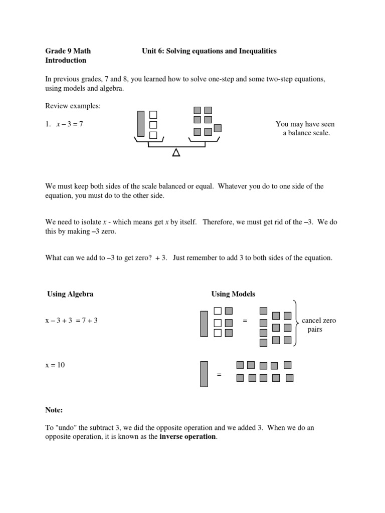 Grade 9 Math Unit 6: Solving Equations and Inequalities | PDF ...