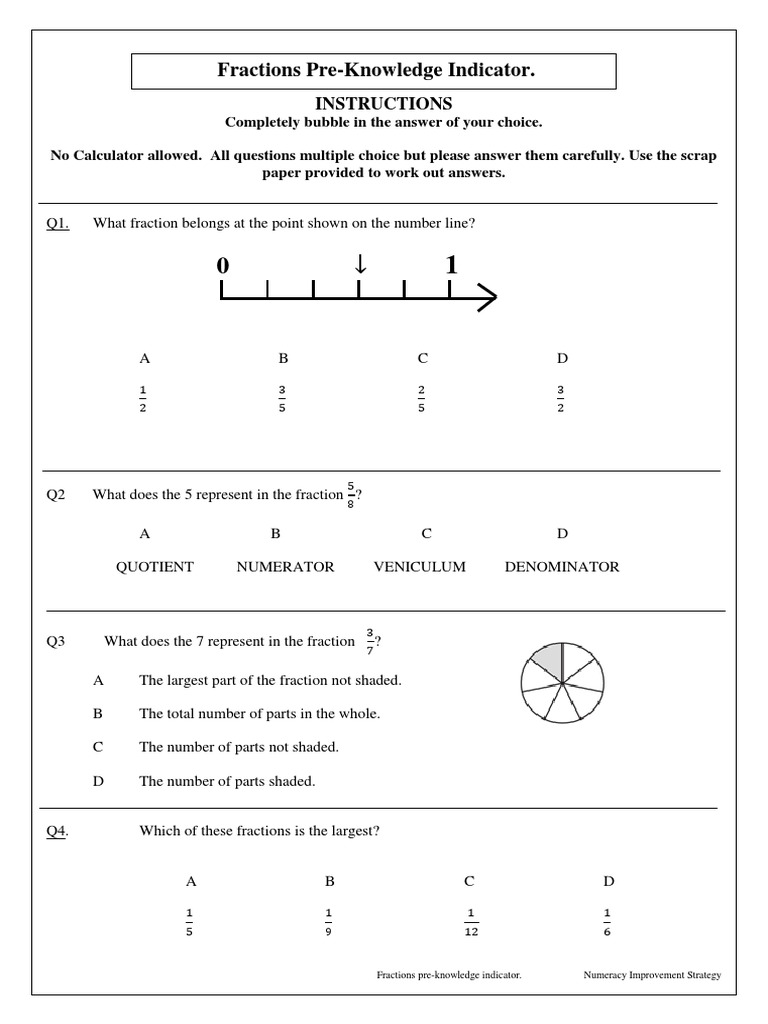Fractions Pre-Test | PDF | Fraction (Mathematics) | Elementary Mathematics