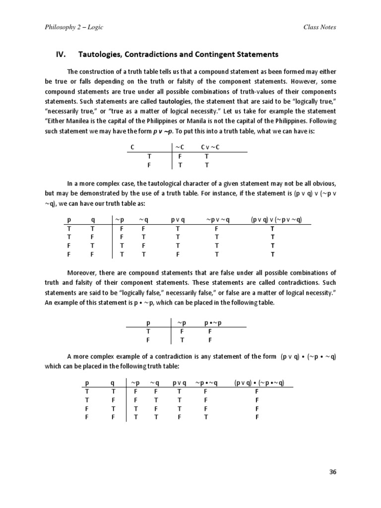 IV. Tautologies, Contradictions and Contingent Statements: Philosophy 2 ...