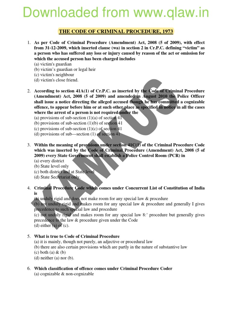 MCQ THE CODE OF CRIMINAL PROCEDURE, 1973-Qlaw - Inbn PDF | PDF | Bail ...