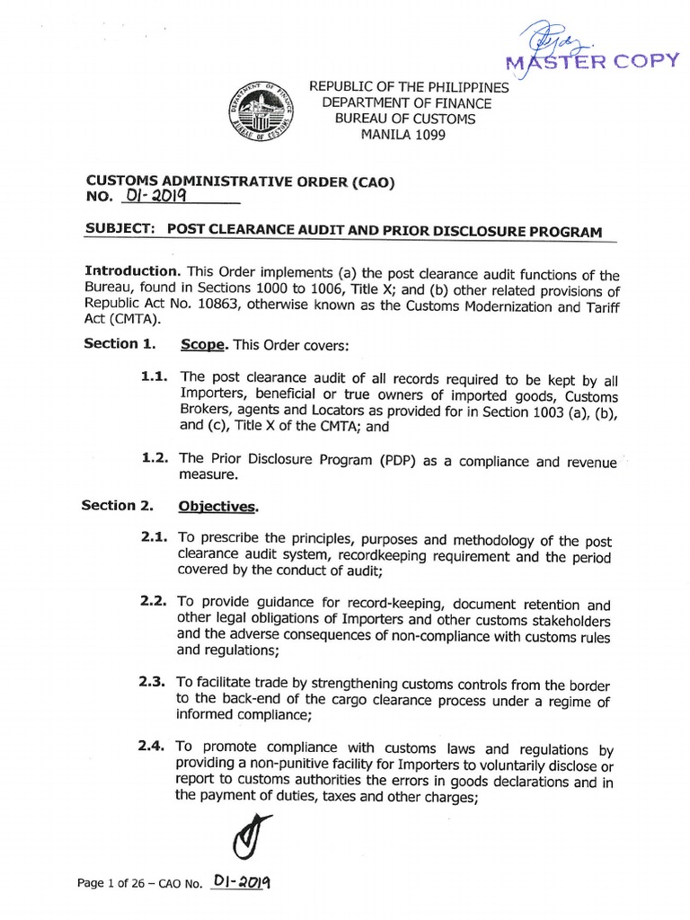 Bureau of Customs CAO 01-2019 Post Clearance Audit and Prior Disclosure Program | PDF ...