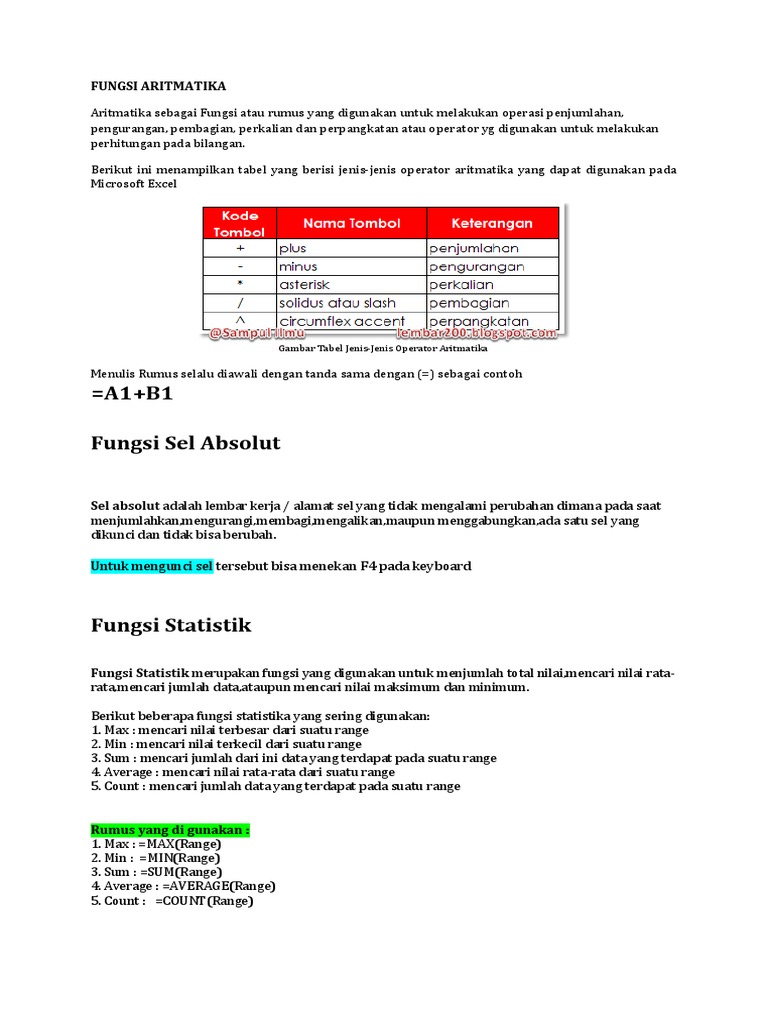 Panduan Fungsi Aritmatika Excel | PDF | Metode & Bahan Ajar