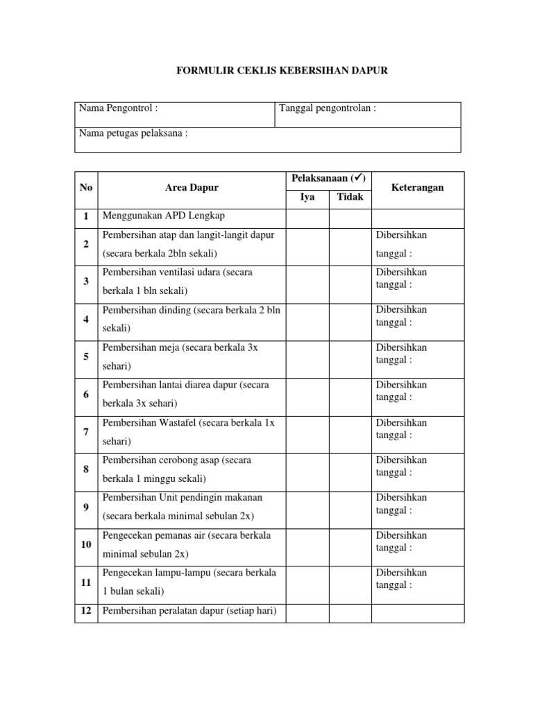 Ceklis Kebersihan Dapur Harian | PDF