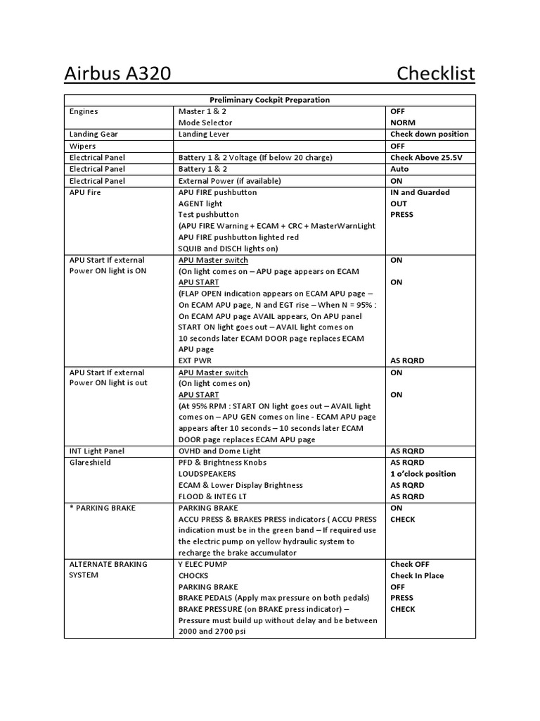 00 - A320 Checklist | PDF | Spaceflight Technologies | Vehicles