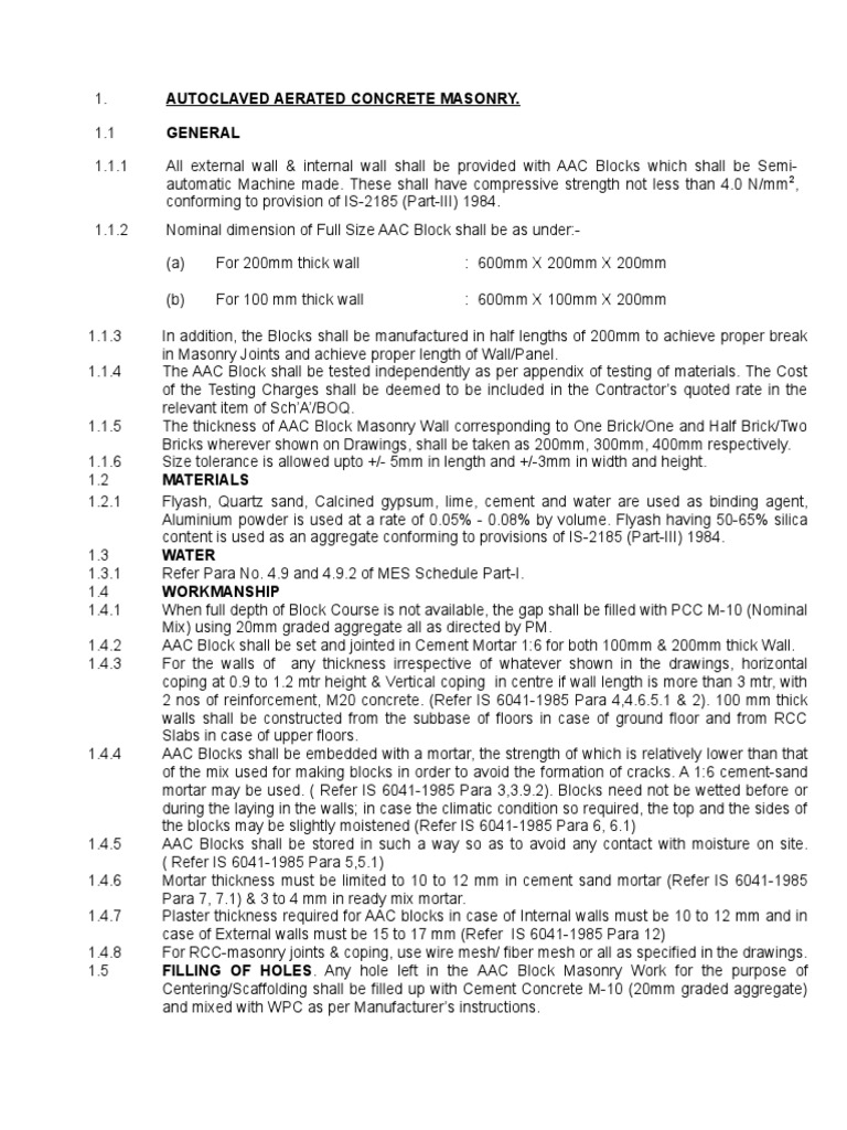 AAC Block Masonry Specifications | PDF | Mortar (Masonry) | Masonry