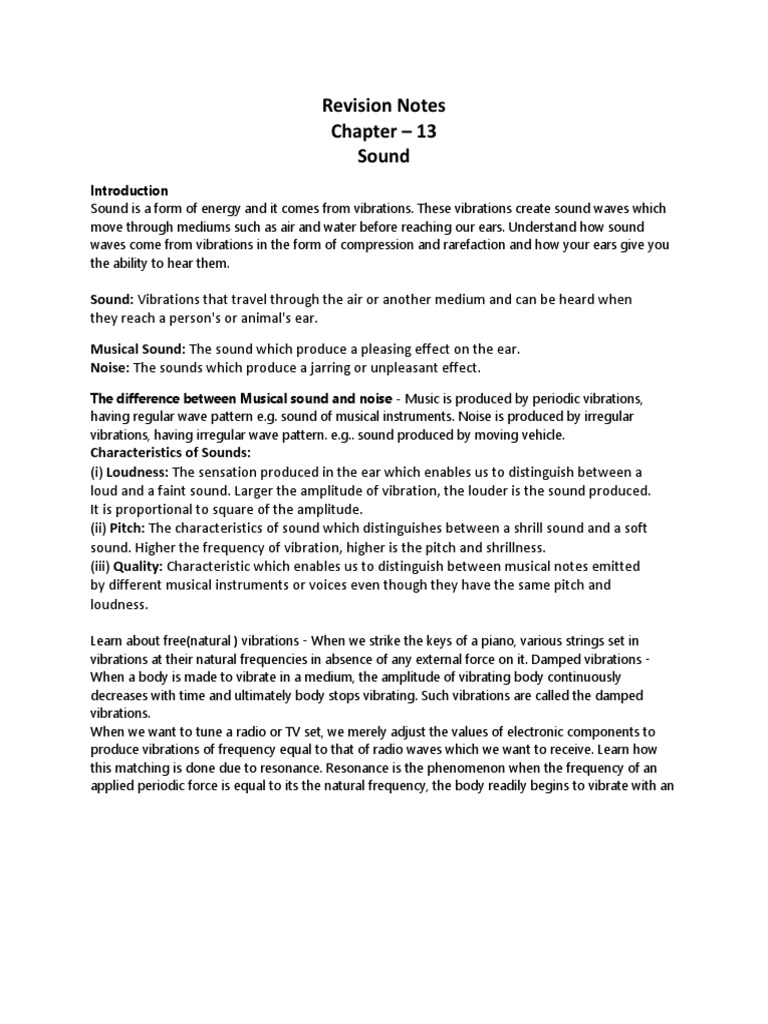 Revision Notes Chapter - 13 Sound: Sound: Vibrations That Travel ...