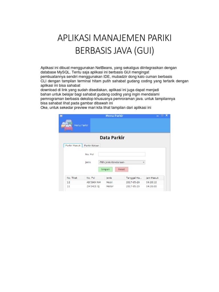 Aplikasi Manajemen Pariki Berbasis Java (Gui) | PDF