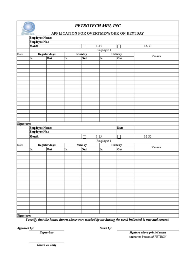 Petrotech MPJ, Inc: Application For Overtme/Work On Restday | PDF