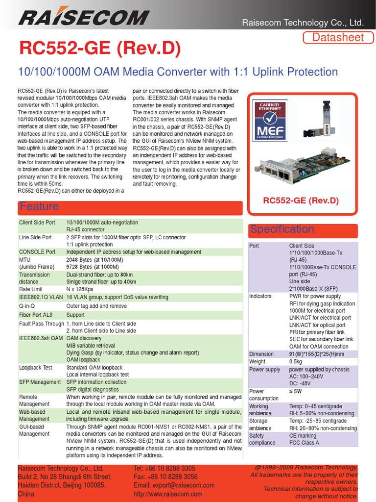 DataSheet - Media Convert Raisecom GE | PDF | Internet Protocols ...