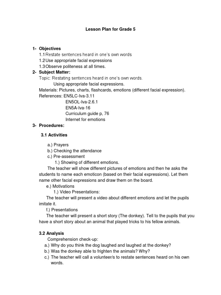 Grade 5 Lesson Plan: Emotions & Expressions | PDF | Lesson Plan ...