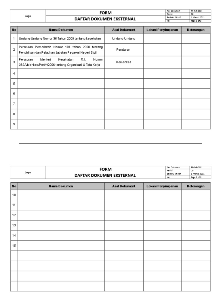Contoh Daftar Dokumen Eksternal | PDF