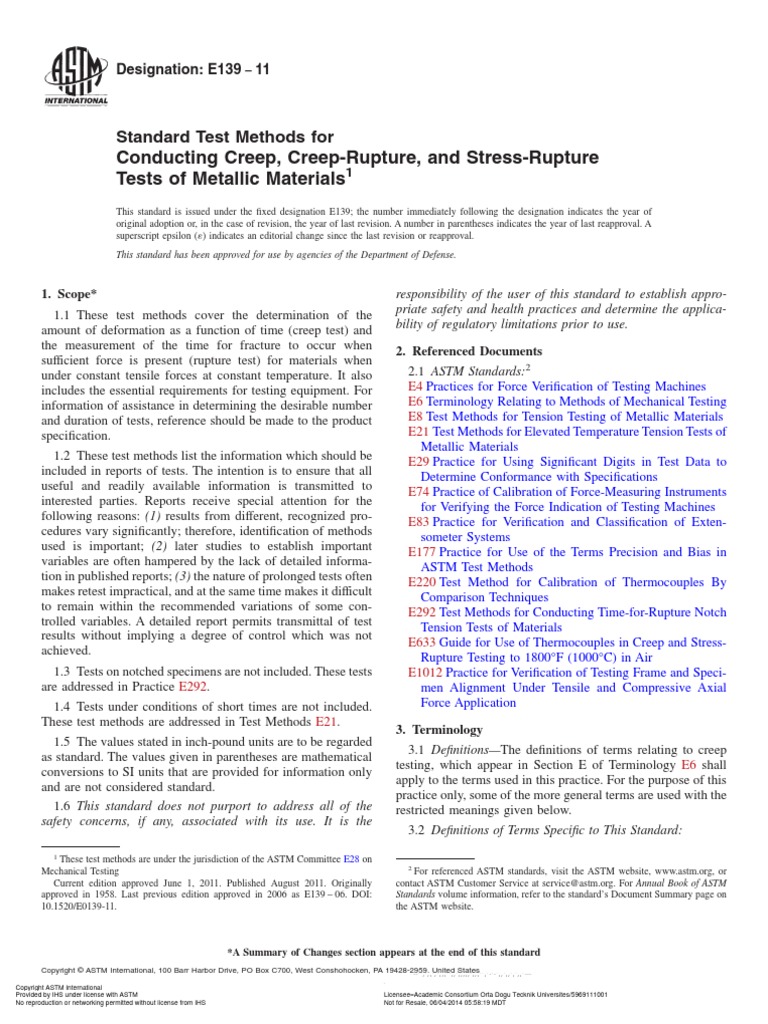 ASTM E 139 - Conducting Creep, Creep-Rupture, and Stress-Rupture Tests ...
