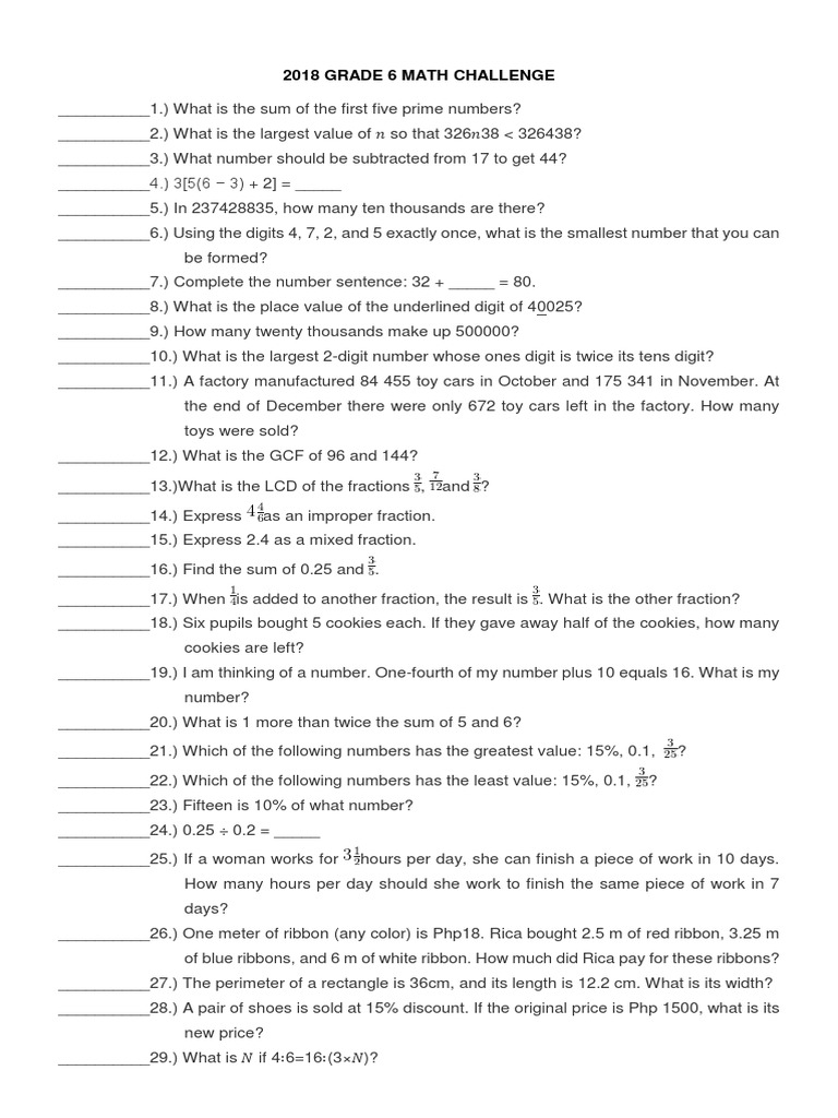 2018 Grade 6 Math Challenge | PDF | Fraction (Mathematics) | Area