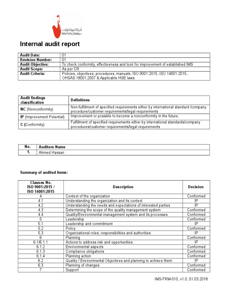 010-Audit Report-Hatchery | PDF | Iso 9000 | Internal Audit