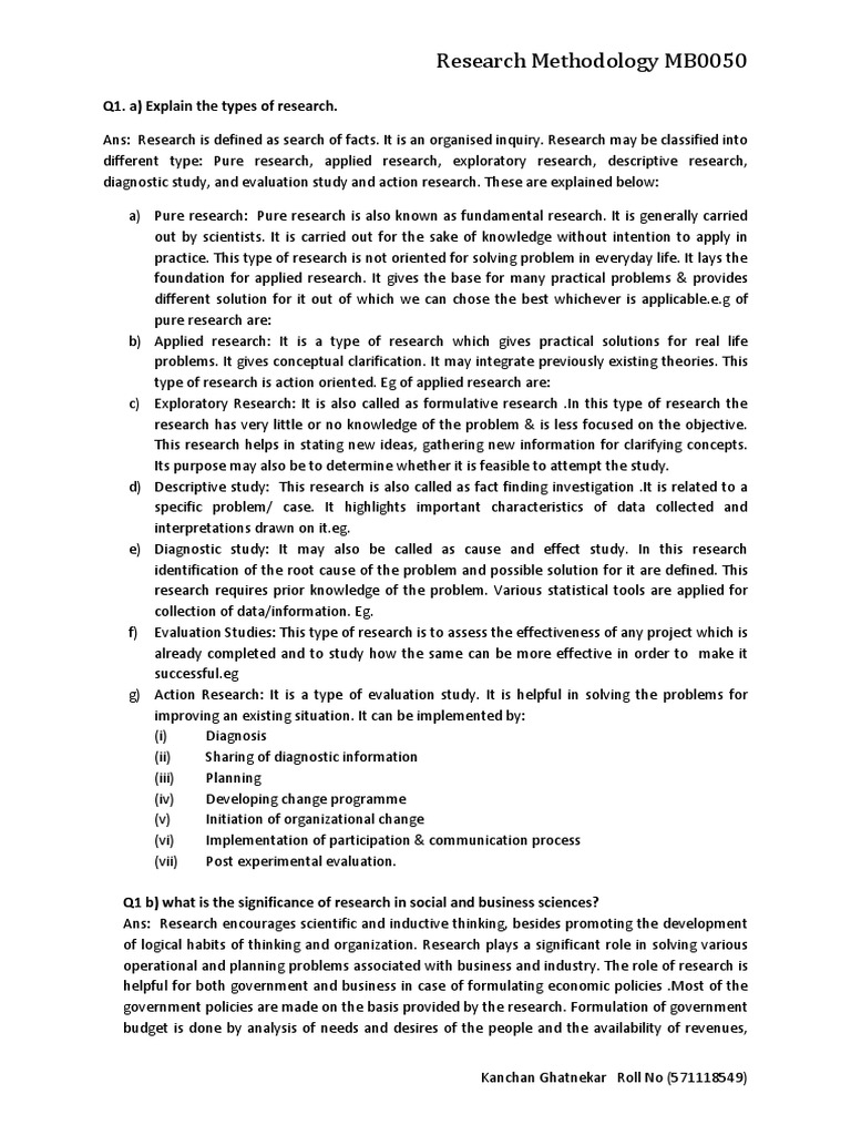 Research Methodology MB0050: Q1. A) Explain The Types of Research | PDF ...