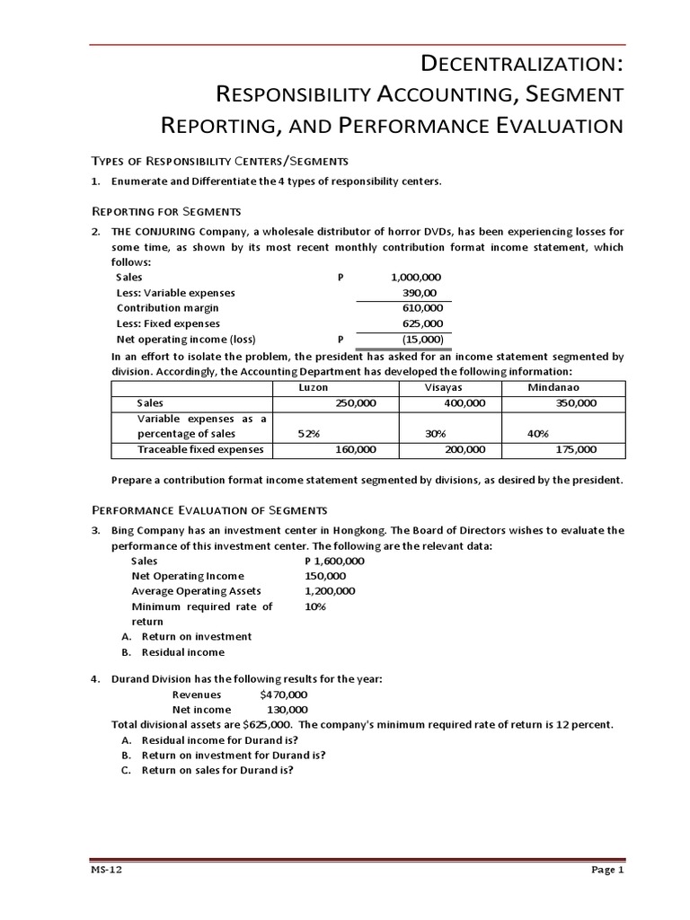 MS11 Decentralization Segment Reporting Responsibility Accounting Performance Evaluation and ...