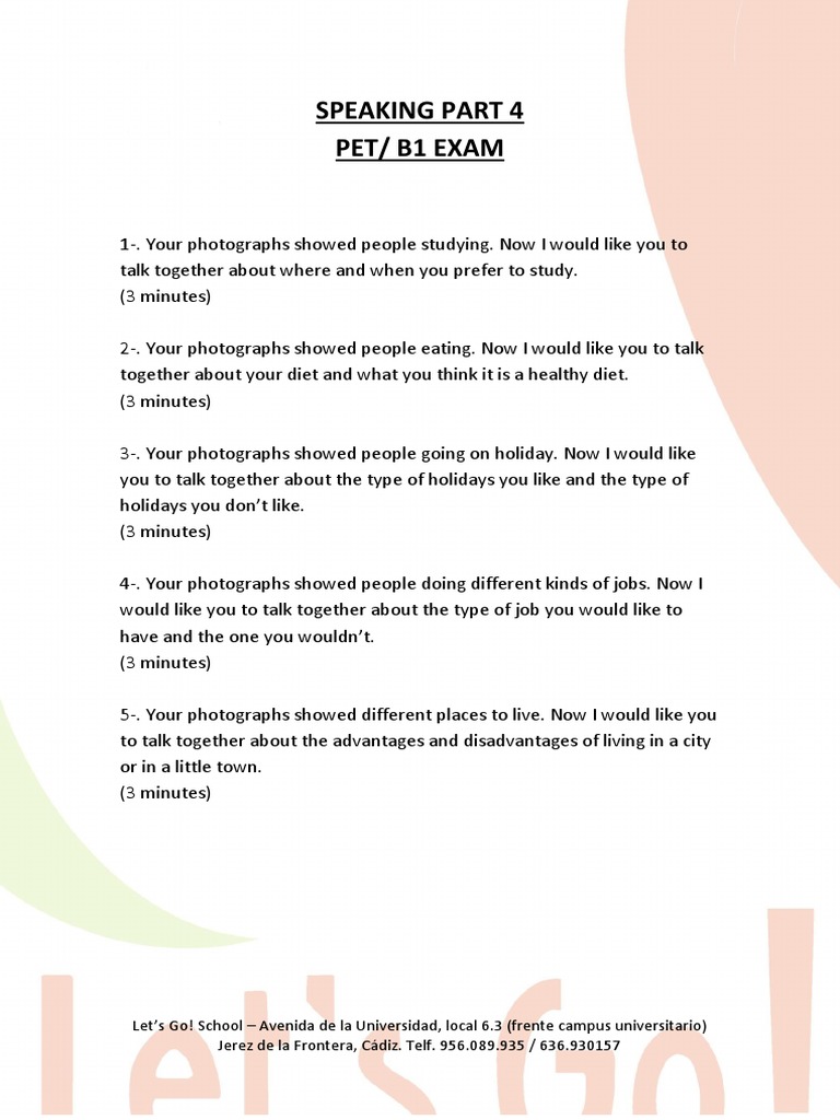 Speaking Part 4 Pet/ B1 Exam | PDF