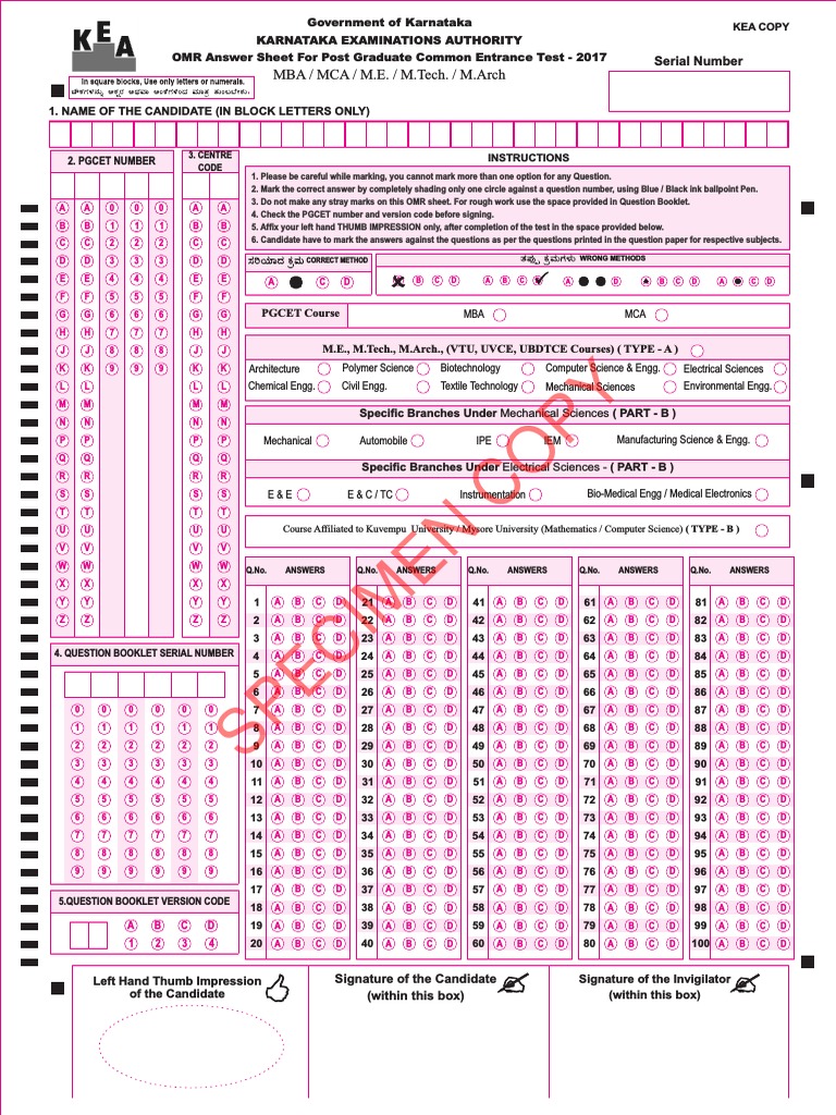 Karnataka Post Graduate Common Entrance Test 2017 OMR Answer Sheet ...