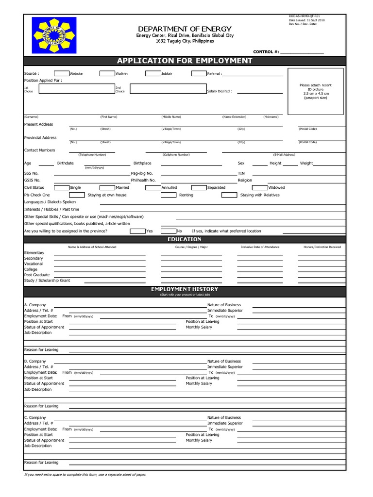 DOE Application Form | PDF | Employment | Government Information