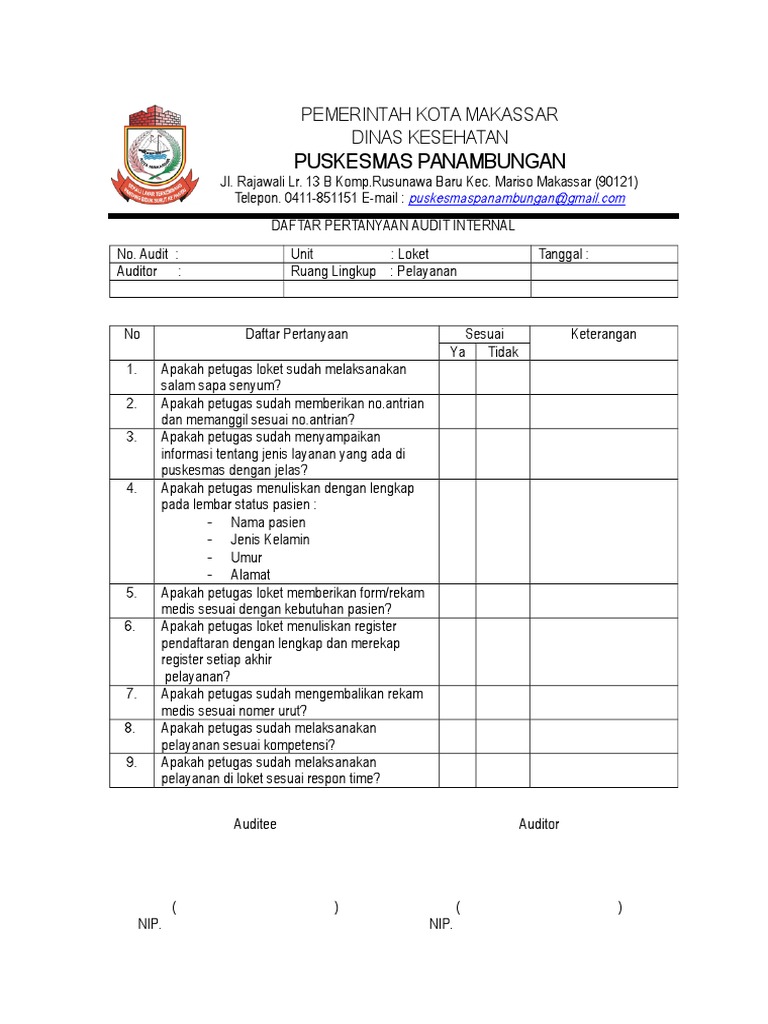 Daftar Pertanyaan Audit Unit Layanan | PDF