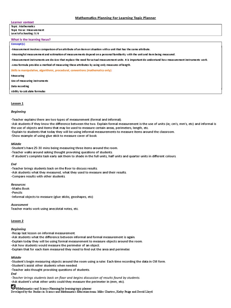 Measurement Unit Plan | PDF | Measurement | Area