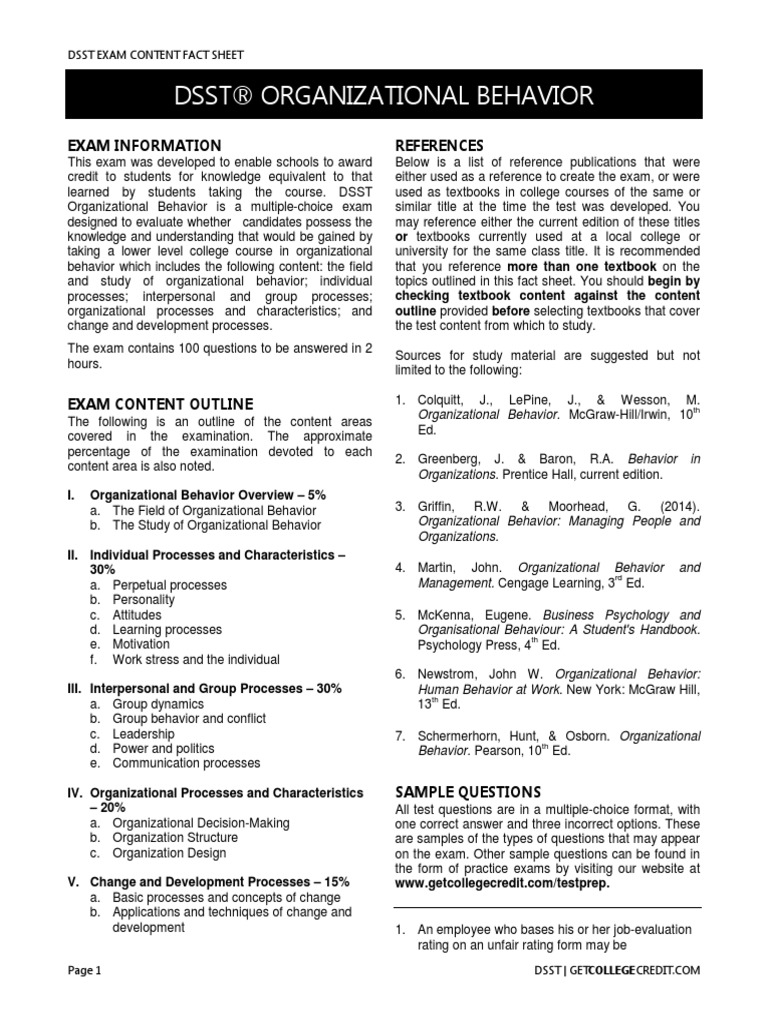 DSST OrganizationalBehavior | PDF | Test (Assessment) | Organizational ...