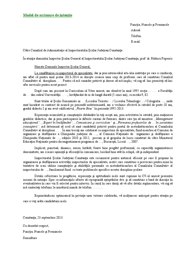 Model Scrisoare de Intentie de Pe Net | PDF