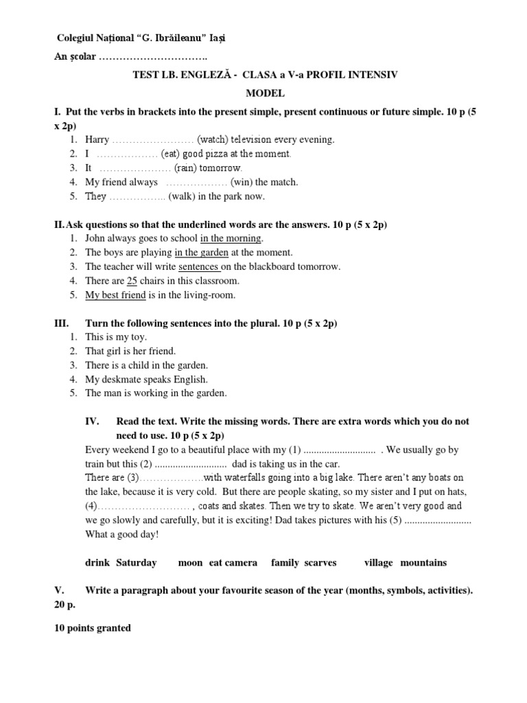 Model - Testare - Limba - Engleza - Intensiv - V G. Ibraileanu Iasi PDF ...