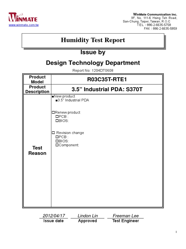 Humidity Test Report for R03C35T-RTE1 | PDF | Humidity | Nature