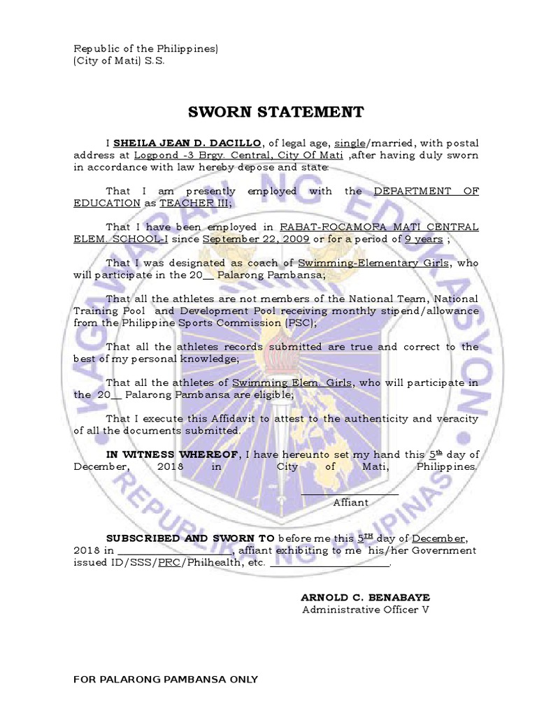 Teacher's Sworn Statement for Palarong Pambansa | PDF
