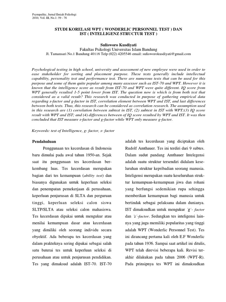 Studi Korelasi WPT Wonderlic Personnel Test Dan Is PDF | PDF