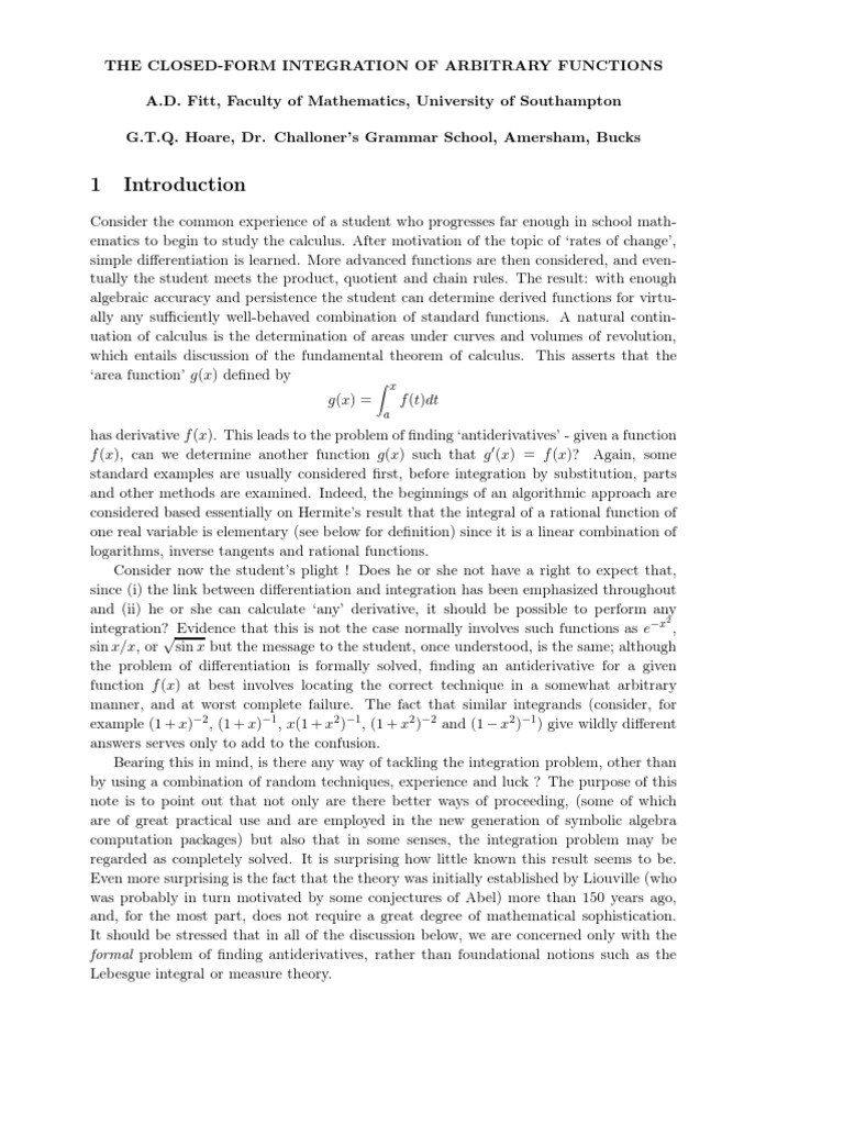 The Closed-Form Integration of Arbitrary Functions | PDF ...