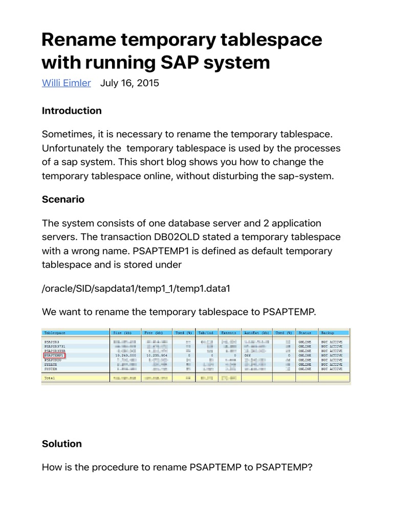 Rename Temporary Tablespace With Running SAP System: Willi Eimler | PDF | Oracle Database ...