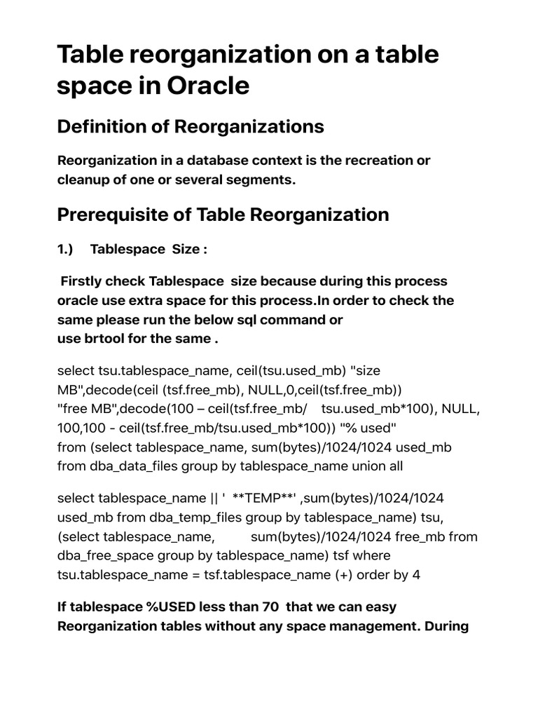 Table Reorganization On A Table Space In Oracle Basis Corner Scn Wiki Pdf Oracle