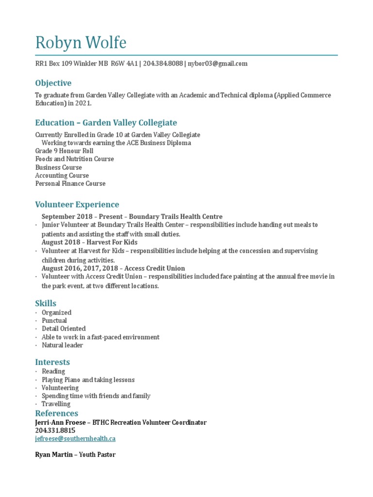 Robyn Wolfe's Academic and Volunteer Profile | PDF