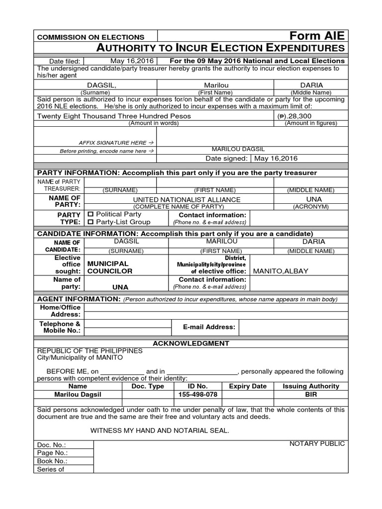 Form AIE A I E E: Uthority To Ncur Lection Xpenditures | PDF ...