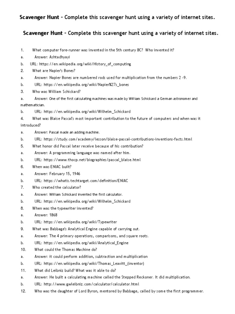 Computer Science History Scavenger Hunt Answer Key | PDF | Integrated ...