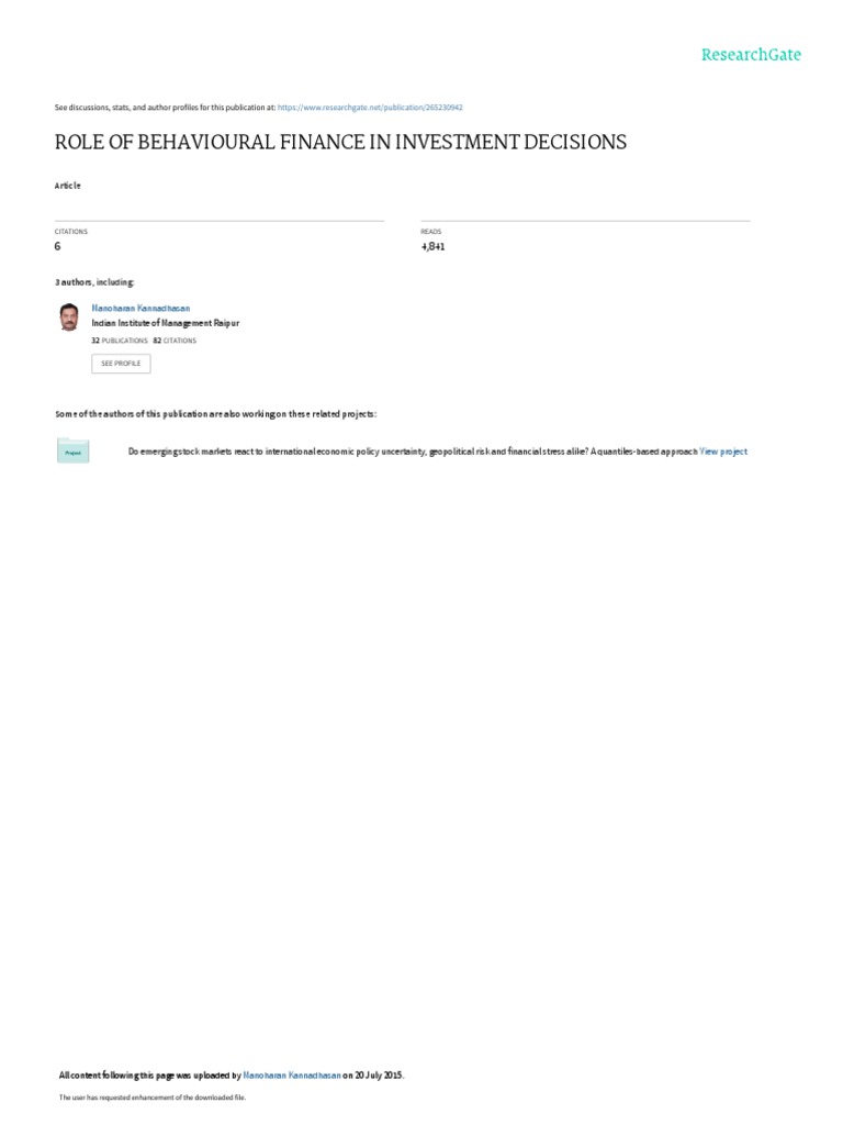 Role of Behavioural Finance in Investment Decision PDF | PDF ...