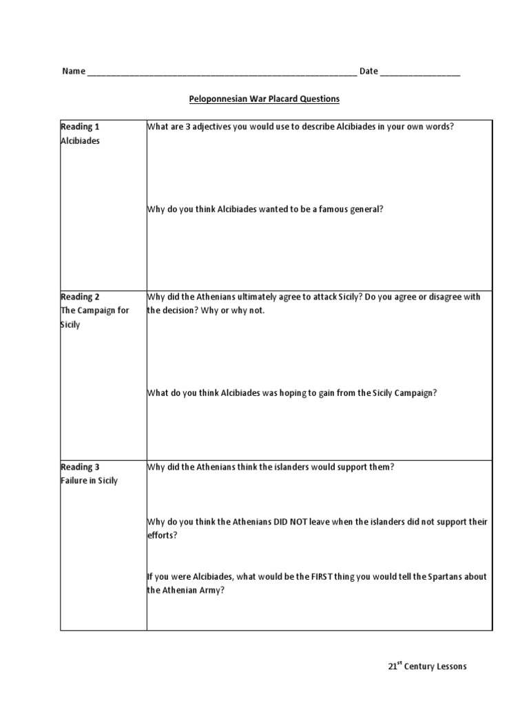Peloponnesian War Placard Questions Reading 1 | PDF | Sparta | Ancient ...