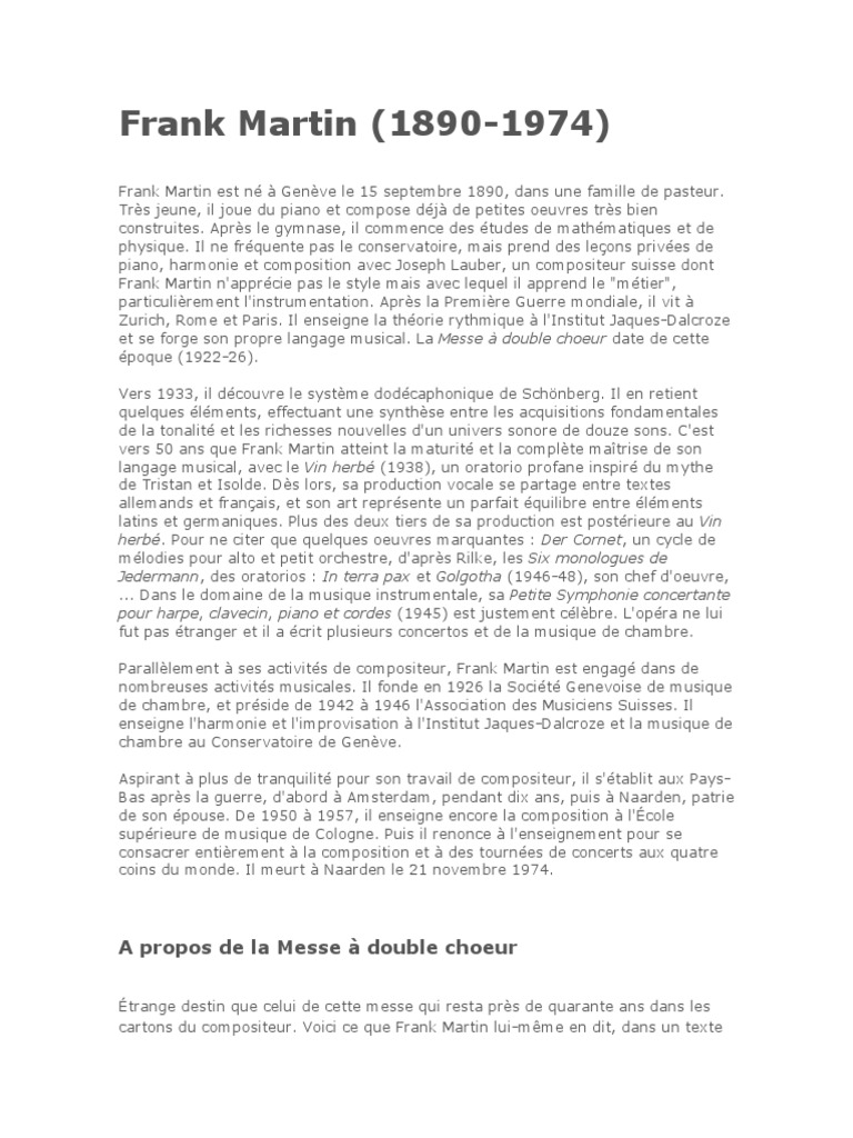 Frank Martin : Compositeur et Oeuvres | PDF | Arts du spectacle ...