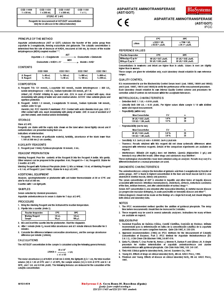 Aspartate Aminotransferase (Ast-Got) | PDF | Transaminase | Chemistry