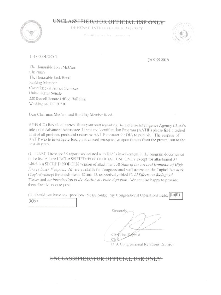 AATIP - DIA Letter To Congress - 20180109 | PDF