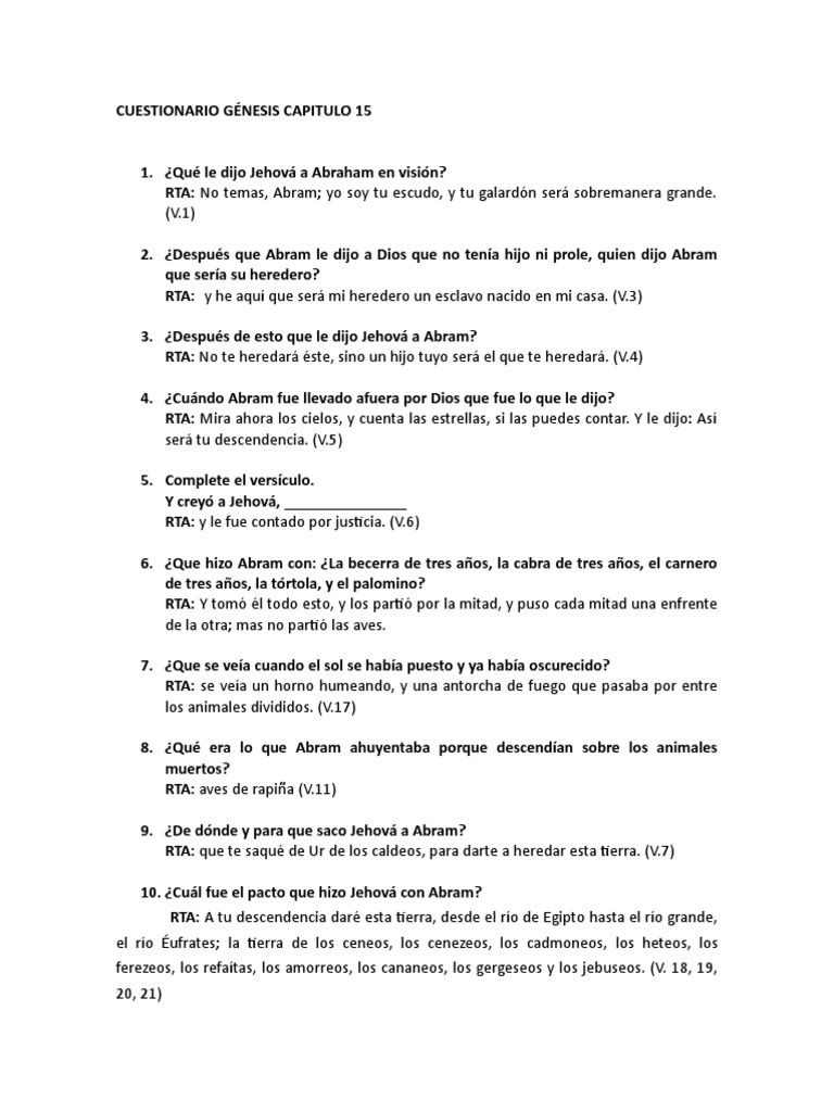 Cuestionario Génesis Capitulo 15 | PDF | Religión y espiritualidad