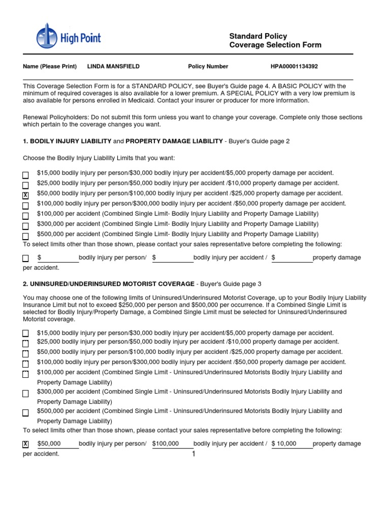 HPA00001134392 Mansfield PAC 3557 HP 1625 Coverage Selection Form | PDF ...