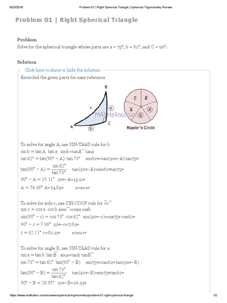 Problem 01 - Right Spherical Triangle: Click Here To Show or Hide The Solution | PDF