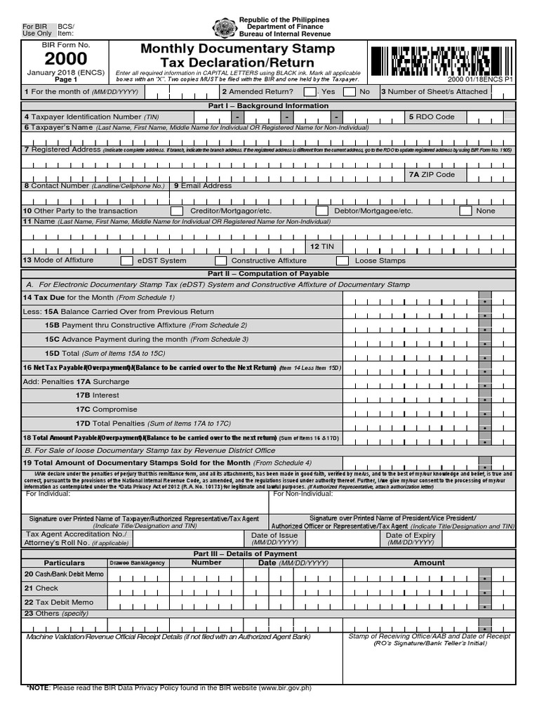 Monthly Documentary Stamp Tax Declaration/Return: For Bir Use Only BCS ...