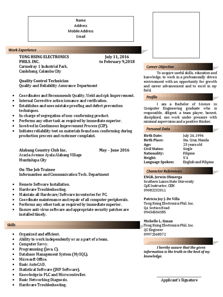 Work Experience: Birth Date: Birth Place: Age: Civil Status ...