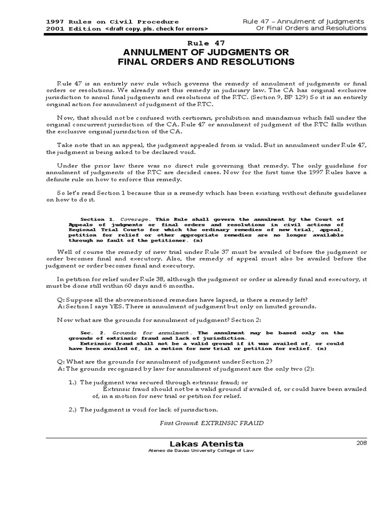 Annulment Of Judgments Or Final Orders And Resolutions: Rule 47 ...