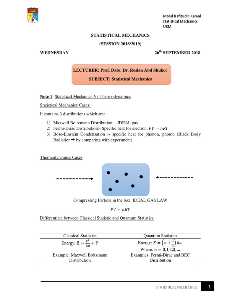 Statistical Mechanics Notes UKM | Download Free PDF | Statistical ...